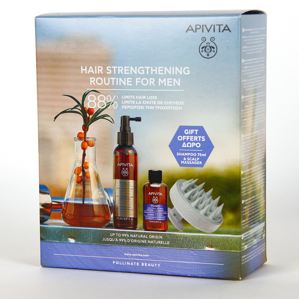 Apivita PACK Loción Anticaída y Champú Tonificante Hombre y Cepillo Masajeador de Regalo ...